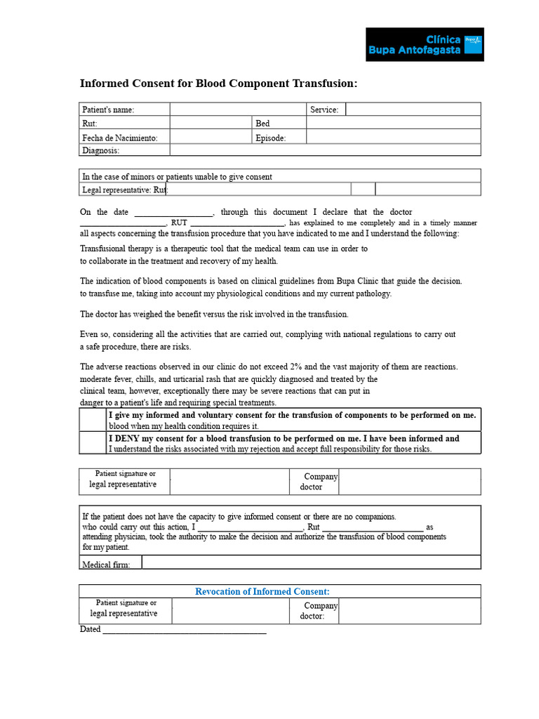 Informed Consent Blood Transfusion Request | PDF | Informed Consent ...