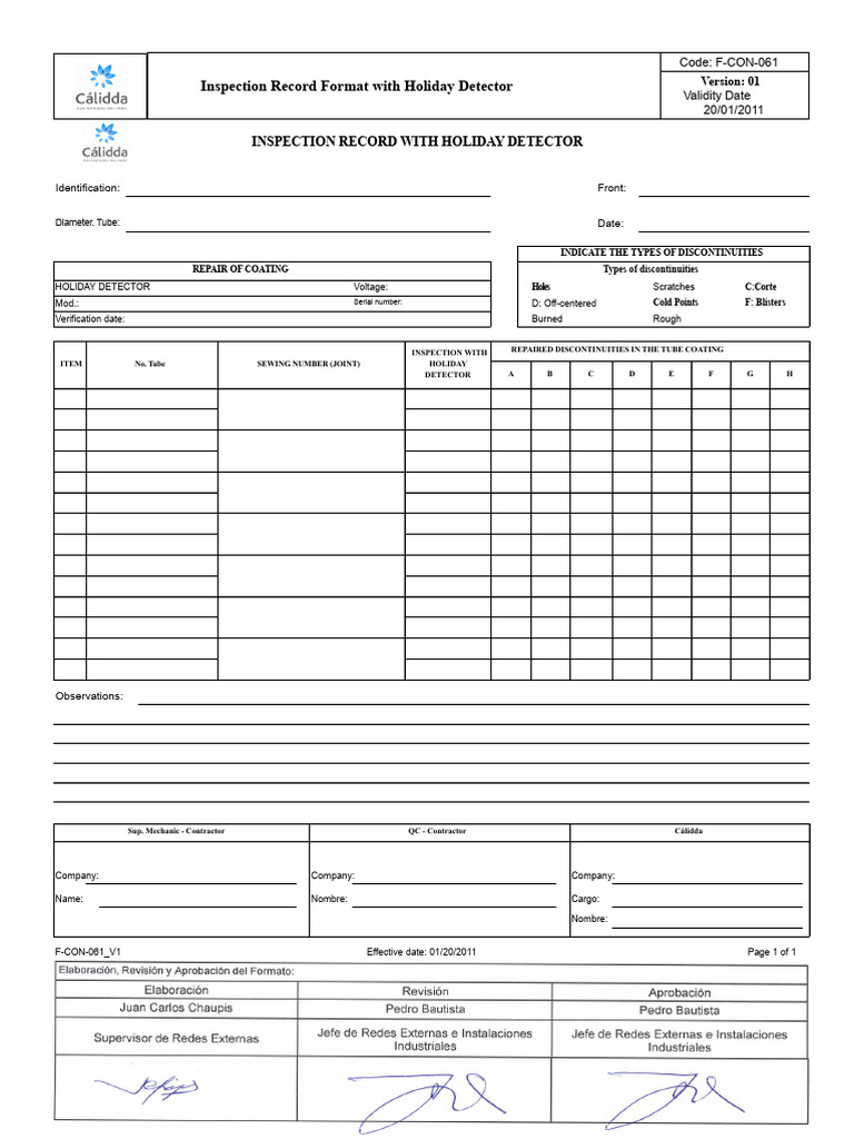 F-CON-061_V1 Inspection Record Format with Holiday Detector | PDF