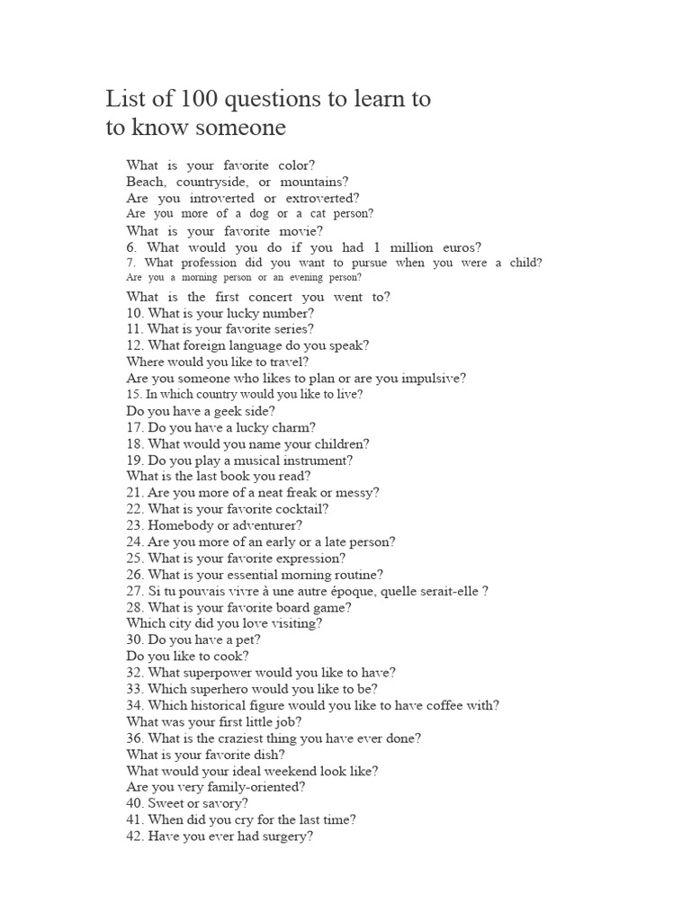 100 Questions to Know Someone Better | PDF