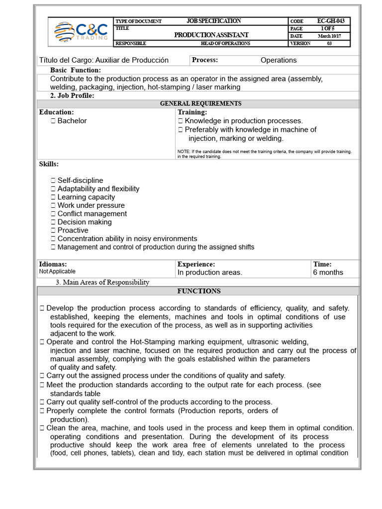 Ec-Gh-043 Production Assistant | PDF | Occupational Safety And Health ...
