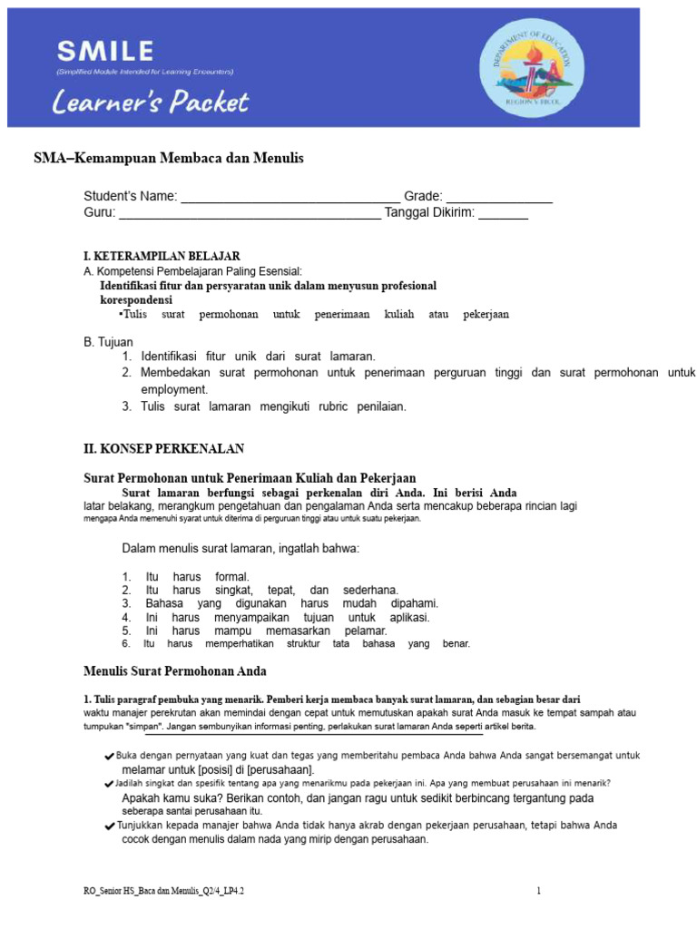 SMILE Membaca Dan Menulis Q2 LP4.2 | PDF