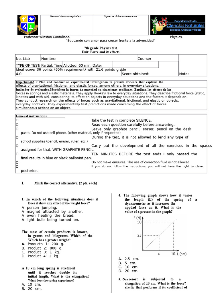 7th Grade Physics Test on Forces | PDF | Force | Friction