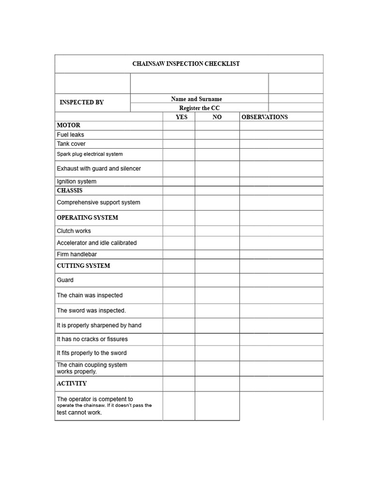 Chainsaw Inspection Checklist | PDF