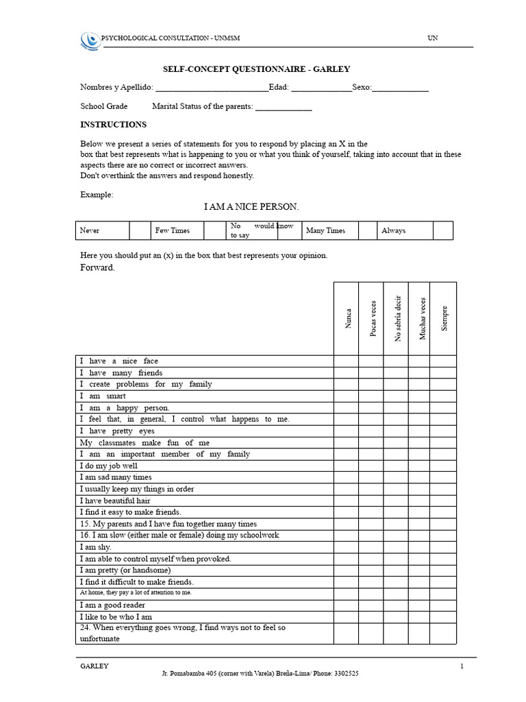 Garley Self-Concept Questionnaire | PDF | Self Concept | Questionnaire