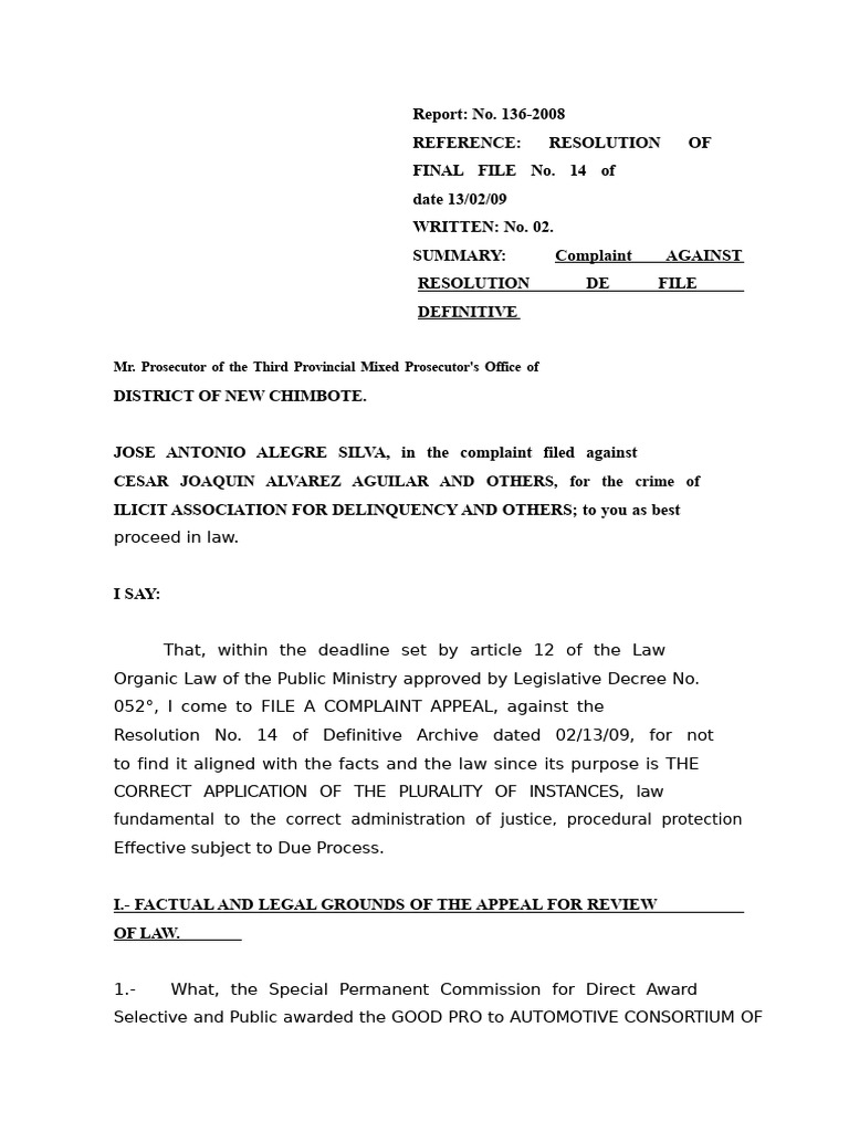 Model of Complaint Against The Provincial Prosecutor's Office | PDF ...
