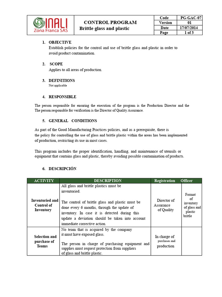 Pg-gac-07 Fragile Glass and Plastic Control Program | PDF | Waste | Plastic