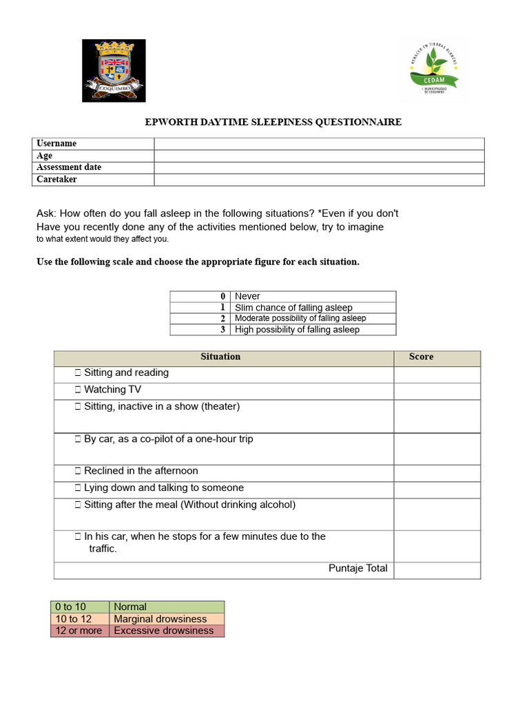 EPWORTH DAYTIME SLEEPINESS QUESTIONNAIRE | PDF