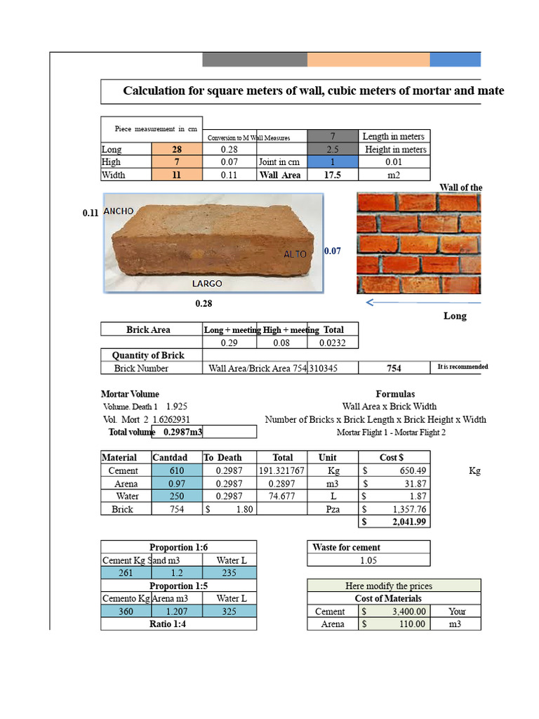Wall and Mortar Calculation Guide | PDF | Brick | Volume