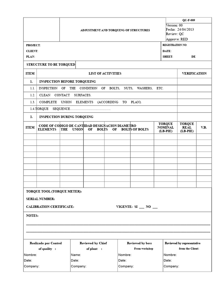 Adjustment and Torqueing Record for Structures.docx | PDF