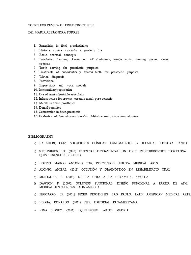 Fixed Prosthesis Review Topics Guide | PDF | Prosthesis | Prosthodontics