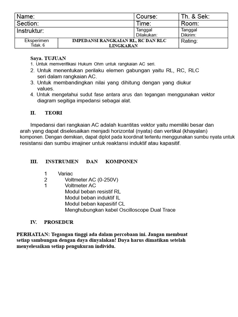 EXPT-6-impedansi Dari Rangkaian Seri RL, RC, Dan RLC | PDF