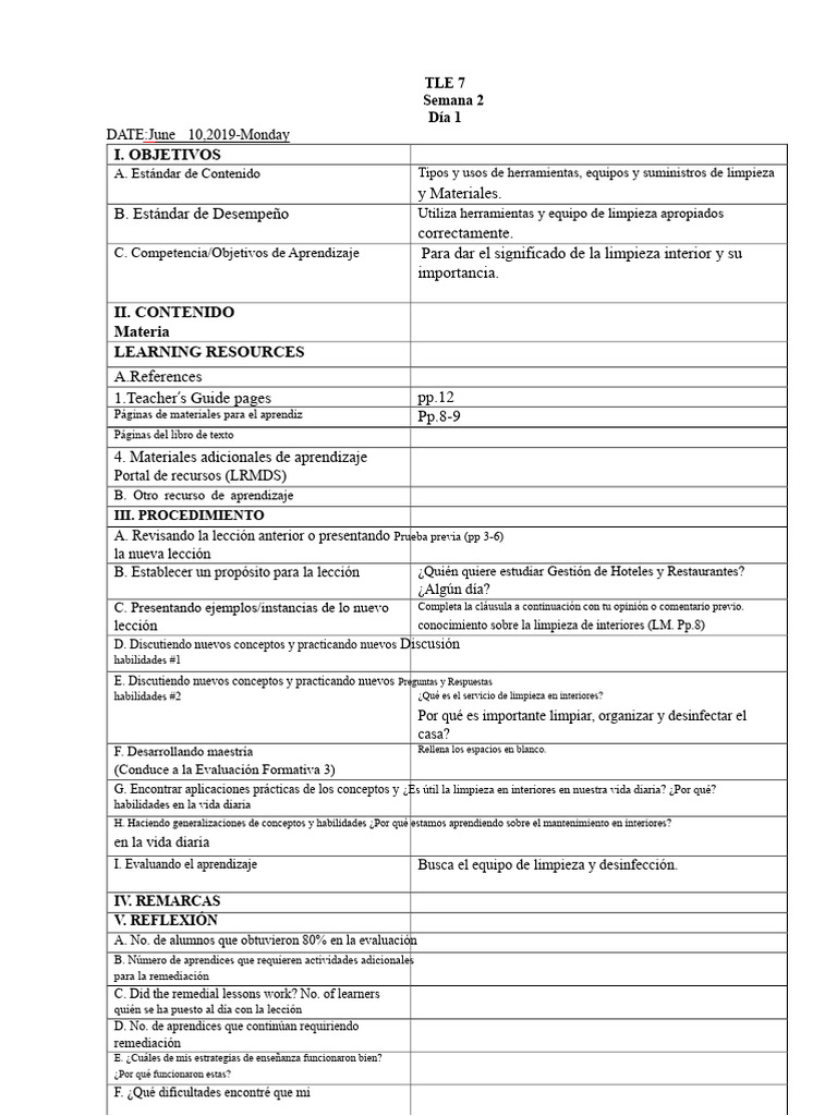 Registro Diario de Lecciones Tle 7-Servicios Domésticos | PDF | Aprendizaje | Enseñando
