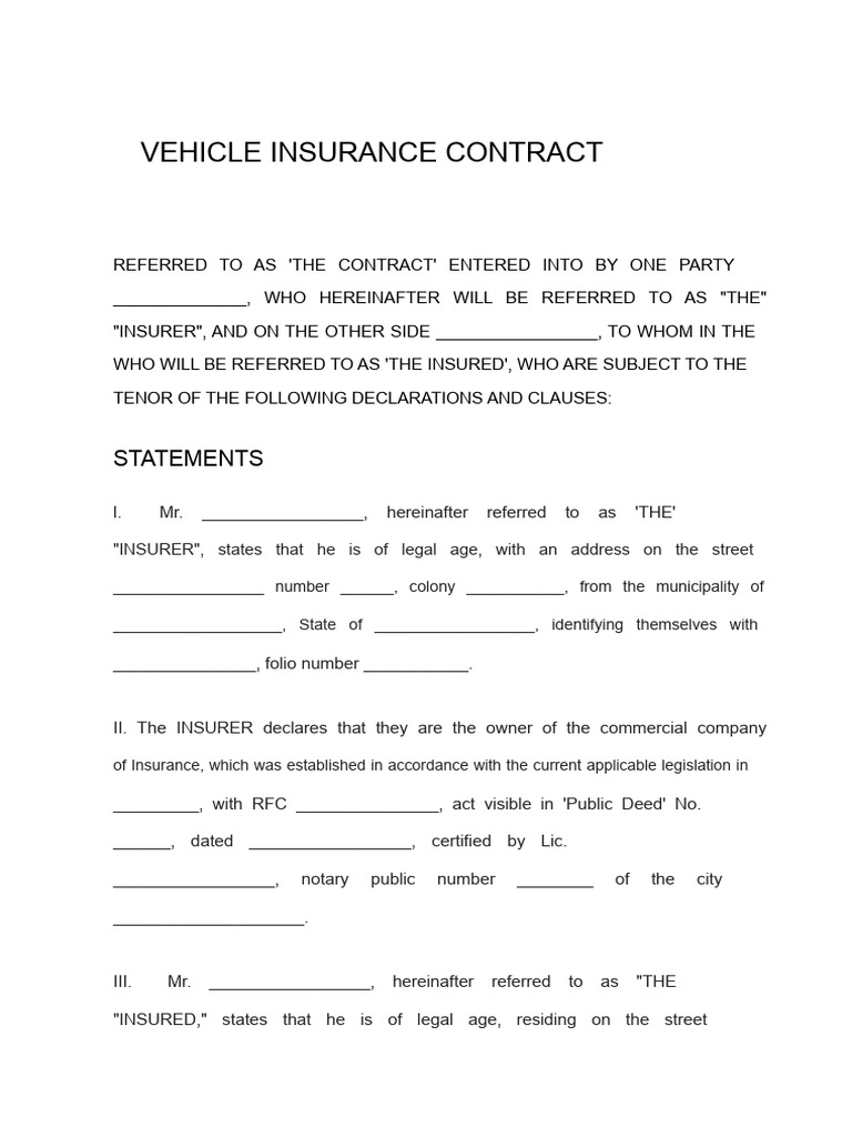 Vehicle Insurance Contract Format | PDF | Insurance | Private Law