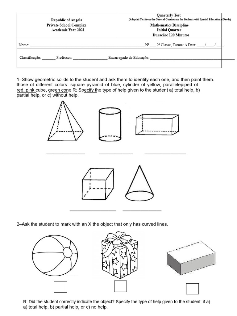Special Needs Math Test - Angola | PDF | Mathematics