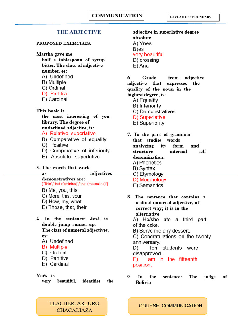 The Adjective 1ST Year of High School | PDF | Adjective | Noun