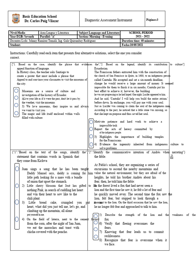 Diagnostic Test of Language and Literature 7th Grade | PDF | Planets ...