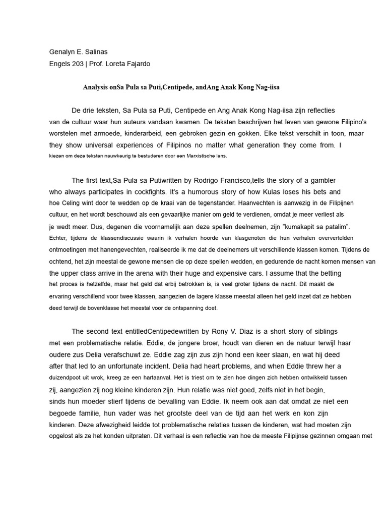 Analyse Van Sa Pula Sa Puti, Centipede en Ang Anak Kong Nag-iisa ...