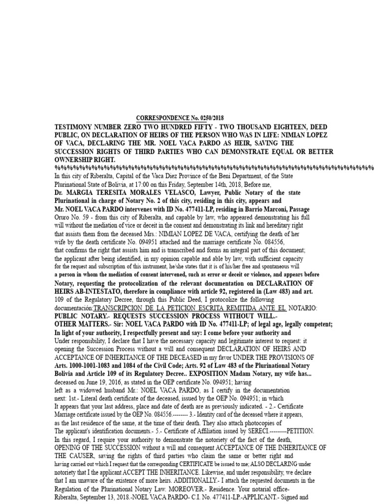 Heir Declaration No. 250-2018 | PDF | Notary Public | Bolivia