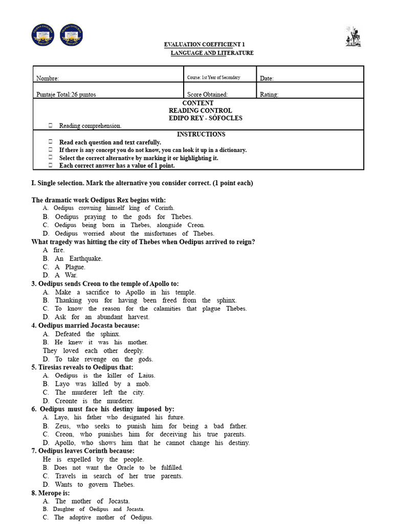Reading control 1st Year High School Oedipus Rex - Sophocles | PDF ...