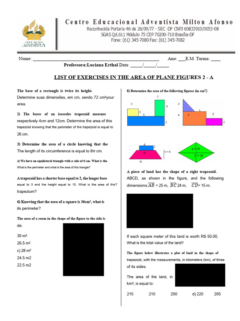 02 - 1 Year - List of Exercises Area of Plane Figures | PDF | Area ...