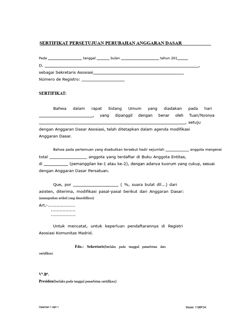 Sertifikat Perubahan Anggaran Dasar | PDF