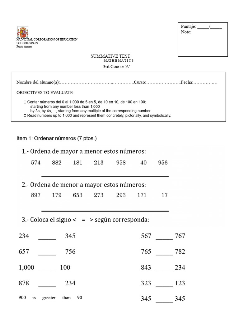 Mathematics Test Numbers Up To 1000 | PDF