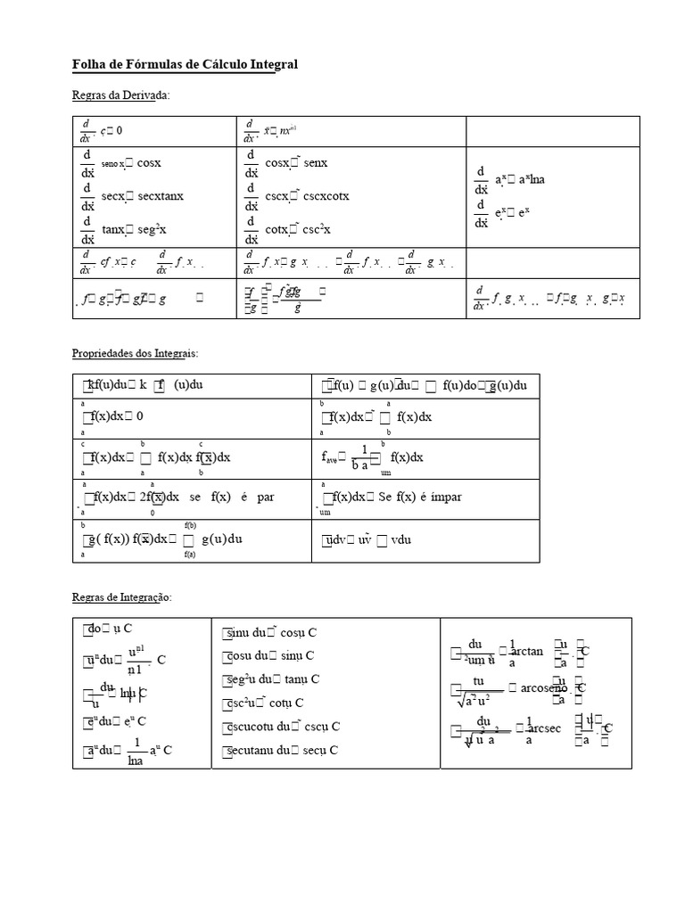 Folha de Fórmulas de Cálculo Integral PDF | PDF | Integrante | Cálculo