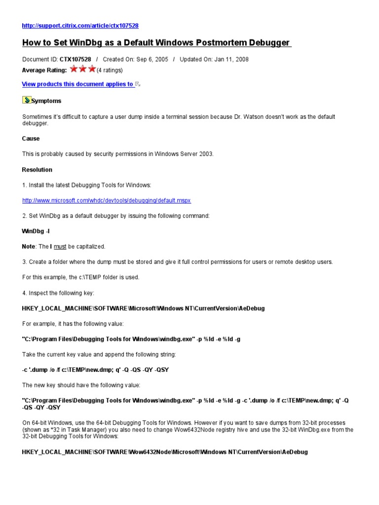 How To Set WinDbg As A Default Windows Postmortem Debugger | PDF | Debugging | Microsoft Windows