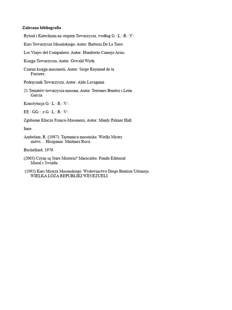 Zalecana Bibliografia Dla Towarzysza Masona | PDF