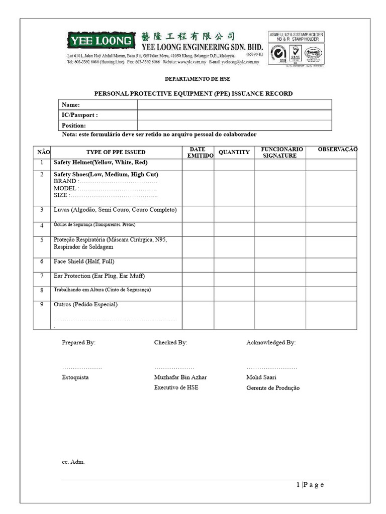 Registro de Emissão de EPI para Funcionários | PDF