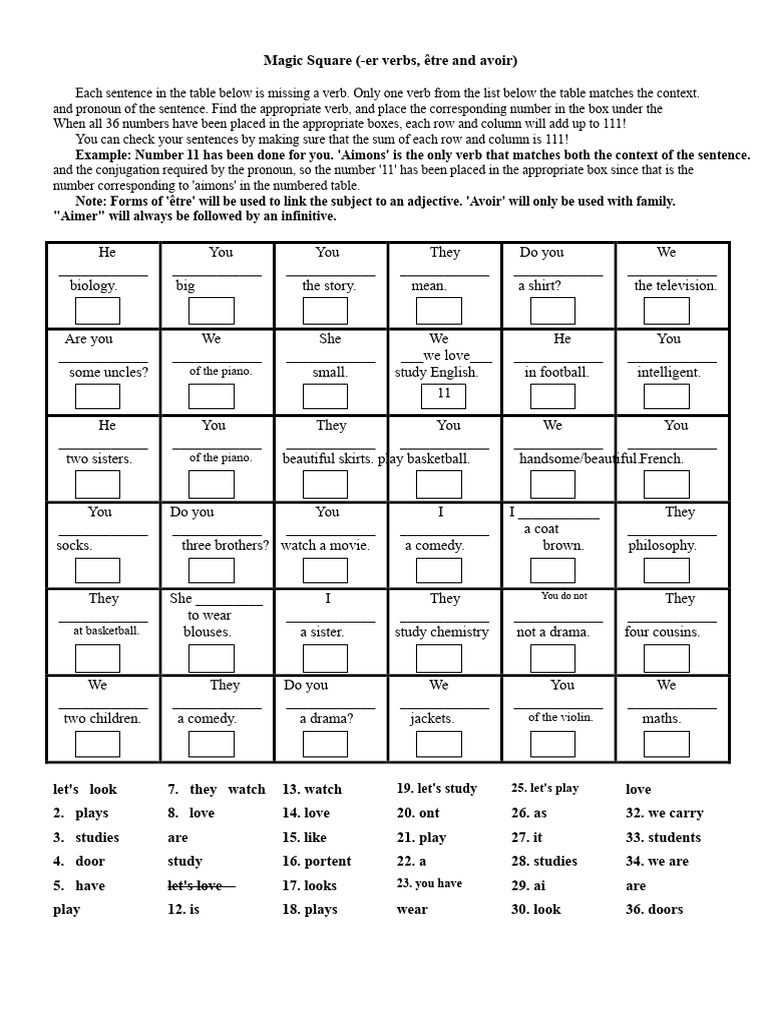 Magic Square: French Verbs Practice | PDF | Verb | Grammatical Conjugation