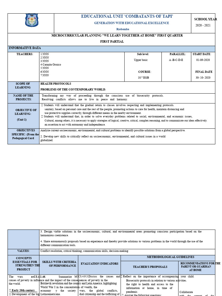 MICROCURRICULAR PLAN. Tenth Grade Social Studies | PDF