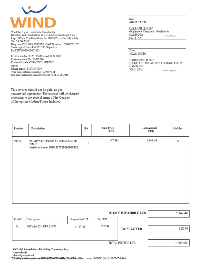 Wind Tre S.P.A New Invoice 1 PDF | PDF | Invoice | I Phone