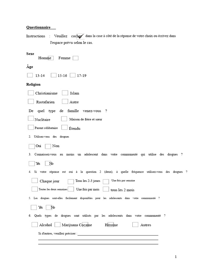 Questionnaire sur l'usage des drogues chez les adolescents | PDF ...
