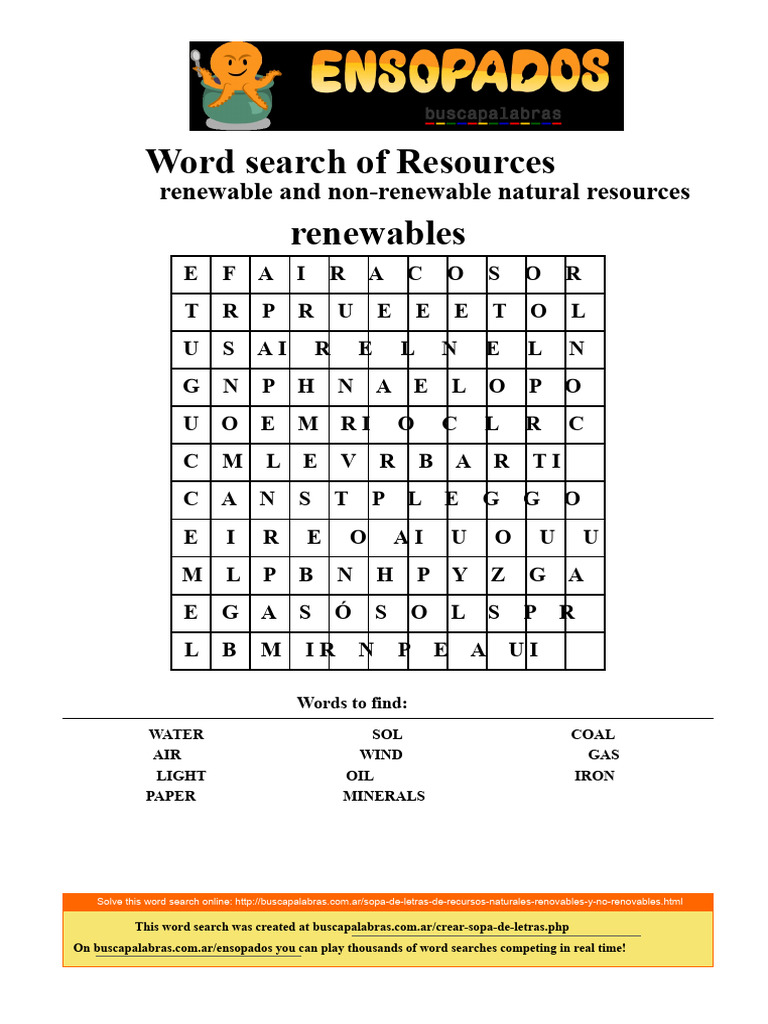 Word Search of Renewable and Non Renewable Natural Resources | PDF