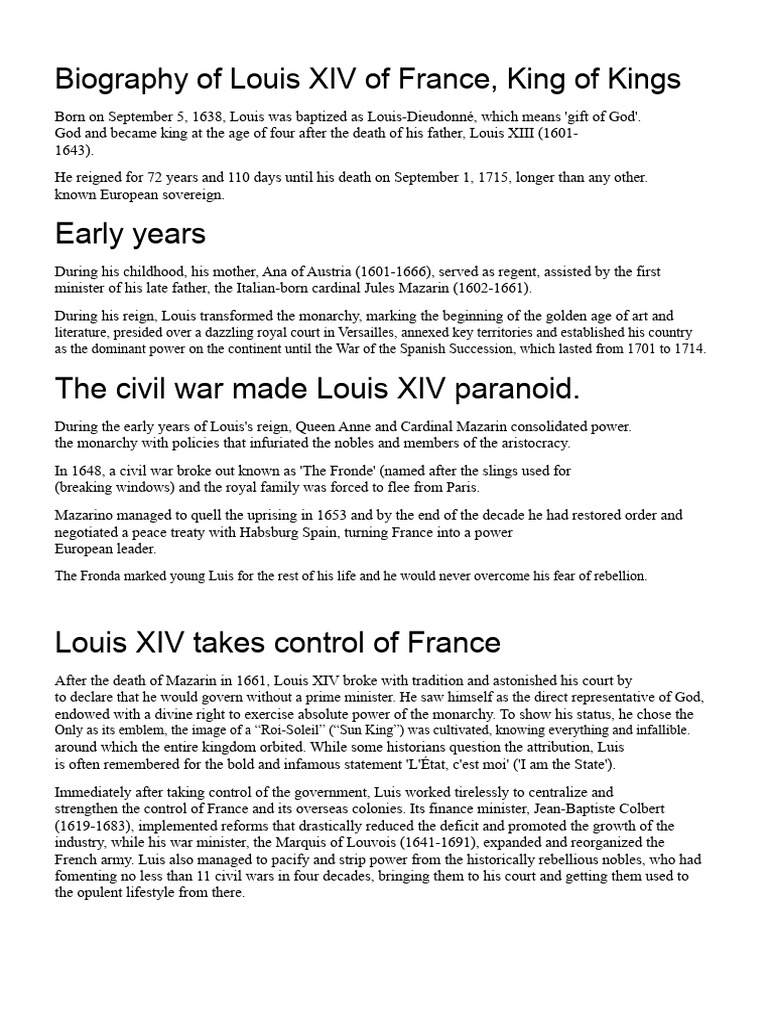 Biography of Louis XIV: The Sun King | PDF | Kingdom Of France | French ...