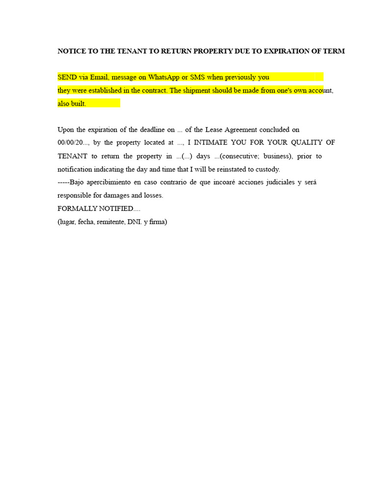 Notice To The Tenant To Return Property Due To Expiration of Term | PDF
