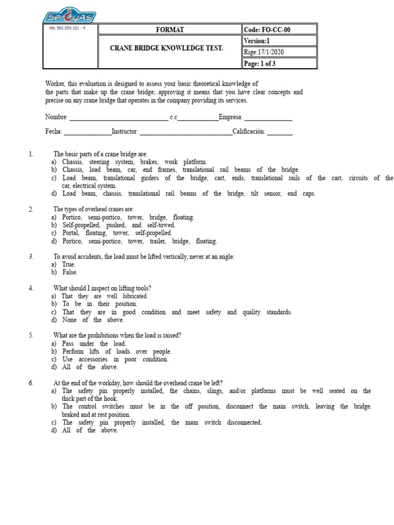 2 Bridge Crane Knowledge Test | PDF | Crane (Machine)