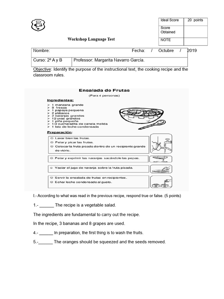 Test Recipe and Rules 2nd Grade | PDF | Recipe