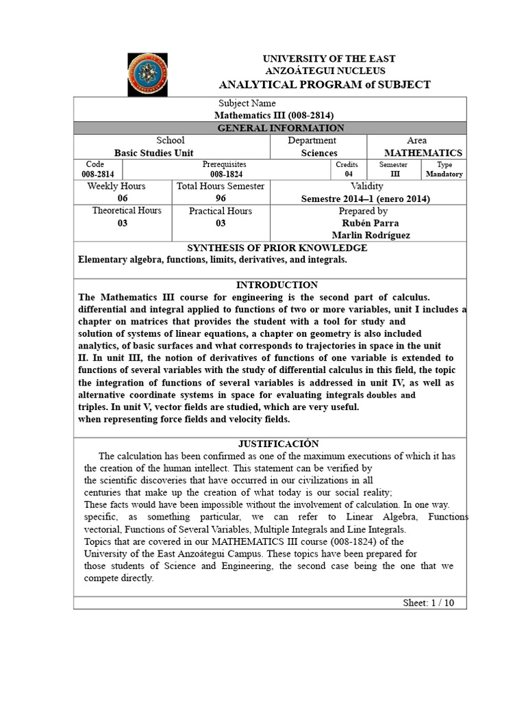 Subject Program Udo Anz 0082814 Mathematics III Sciences | PDF | Vector Space | Integral