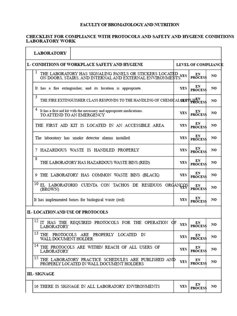 Laboratory Safety Compliance Checklist | PDF | Laboratories ...