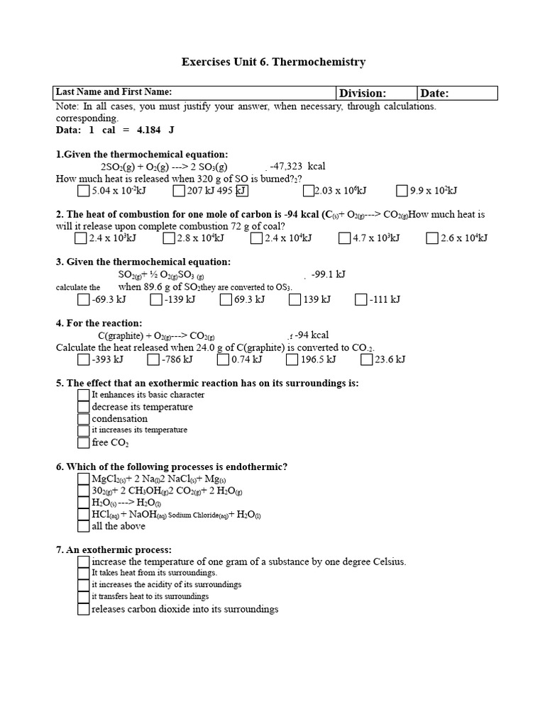 Exercises Unit 6 | PDF | Heat Capacity | Chemistry