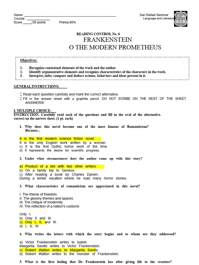 Frankenstein Test | PDF | Frankenstein | Multiple Choice