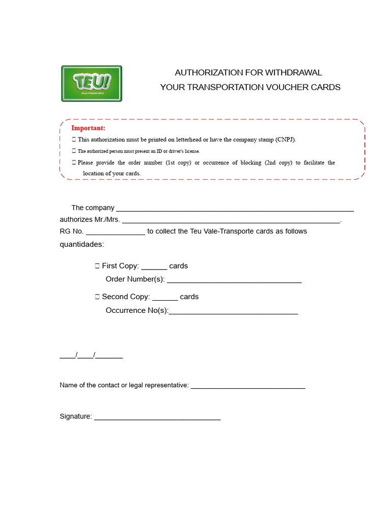 Authorization For Card Withdrawal | PDF