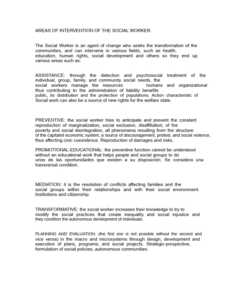 Areas of Intervention of The Social Worker | PDF | Policy | Social Work