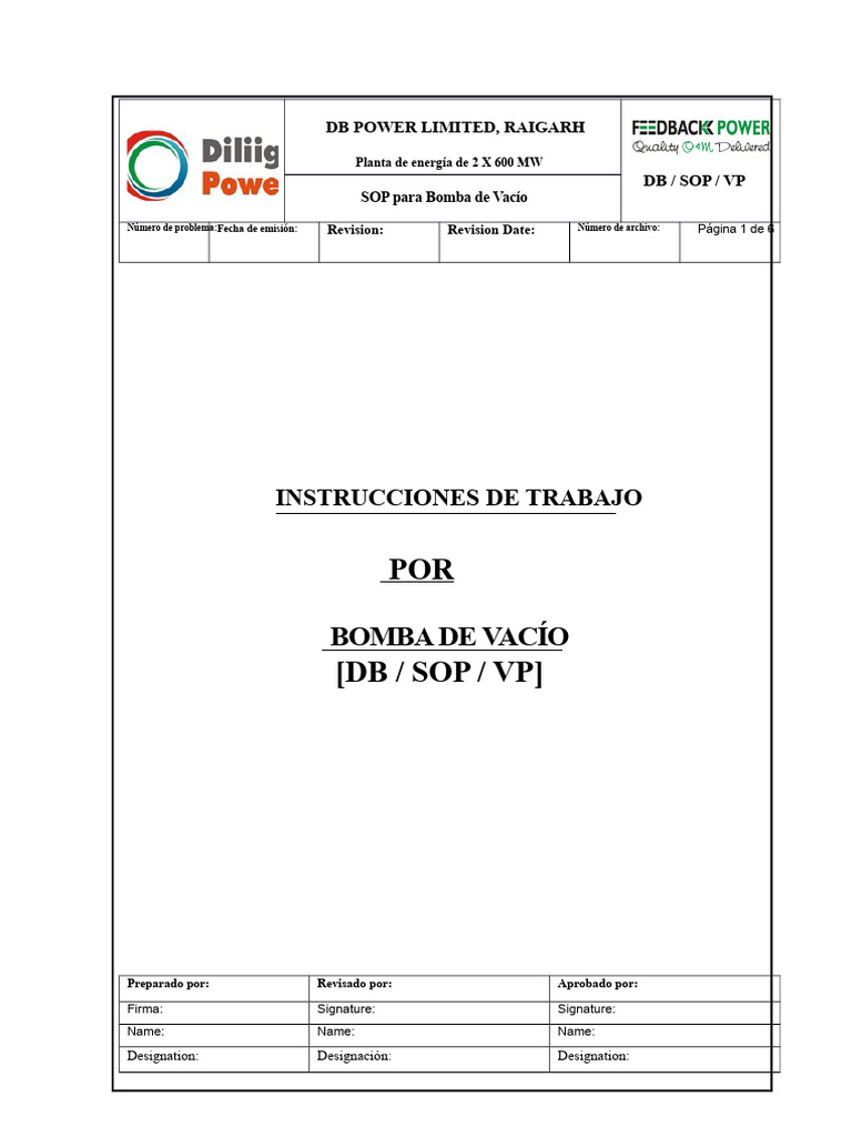 SOP Bomba de Vacío - DB Power Raigarh | PDF | Bomba | Ingeniería mecánica
