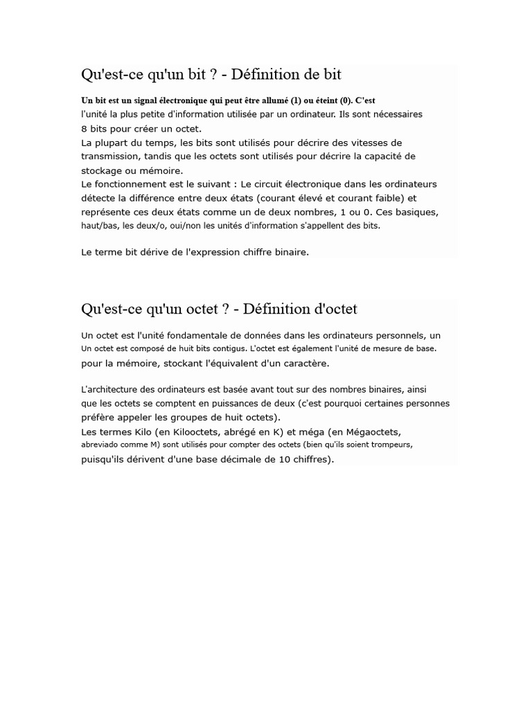 Comprendre les bits et octets en informatique | PDF | Informatique ...