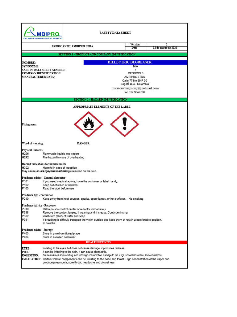 Dielectric Degreaser Safety Data Sheet | PDF | Water | Materials