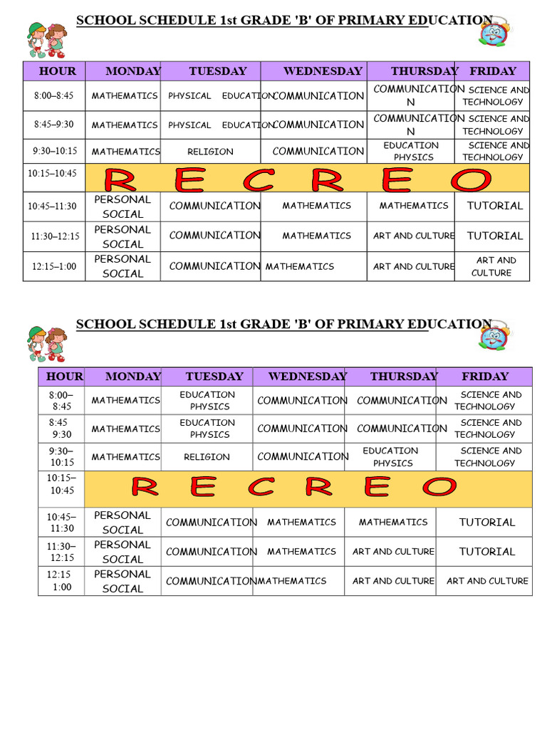 1st Grade B School Schedule | PDF