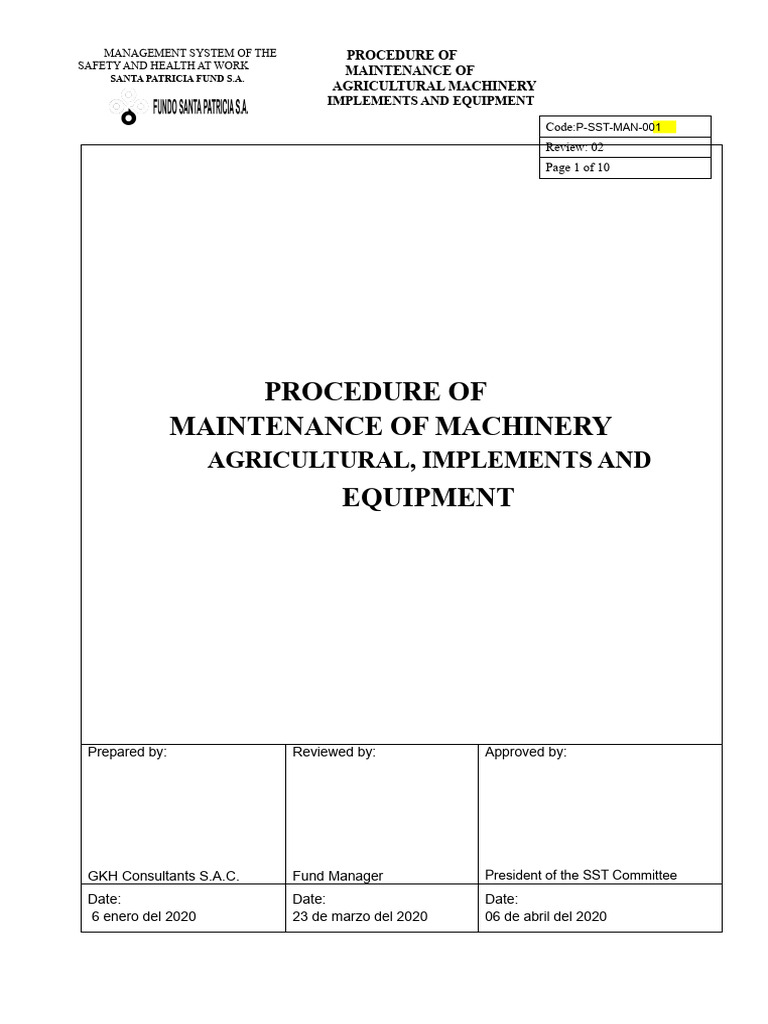 Maintenance Procedure For Agricultural Machinery, Implements, and ...